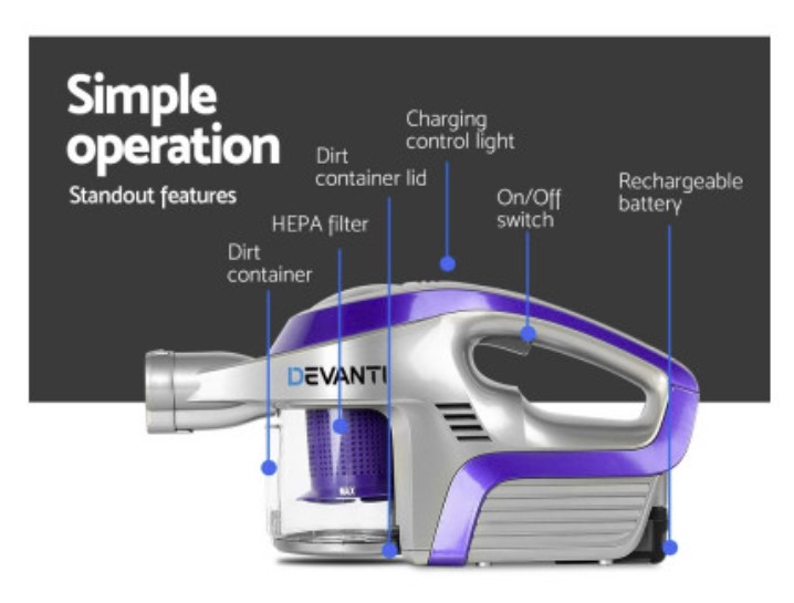 Devanti Cordless 150W Handstick Vacuum Cleaner - Purple and Grey ...